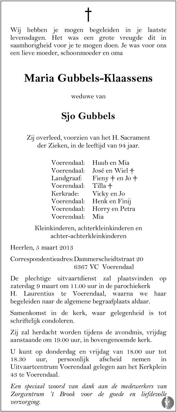 Maria Gubbels - Klaassens 05-03-2013 overlijdensbericht en condoleances ...