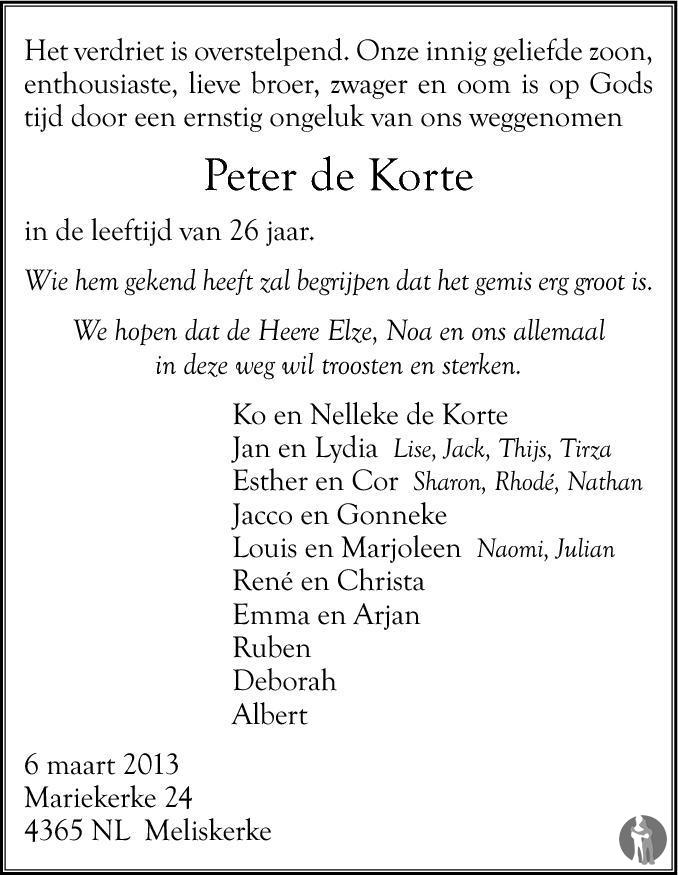 Pieter Andries (Peter) de Korte 05-03-2013 overlijdensbericht en ...