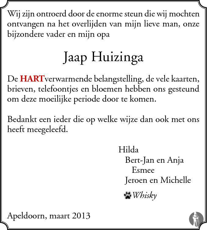 Jacob (Jaap) Huizinga 18-01-2013 overlijdensbericht en condoleances ...