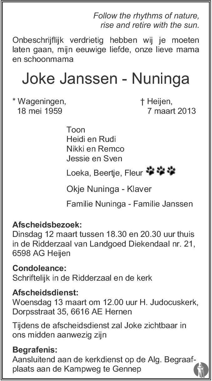 Joke Janssen - Nuninga 07-03-2013 overlijdensbericht en condoleances ...