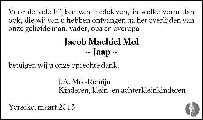 Jacob Machiel (Jaap) Mol 30-01-2013 overlijdensbericht en condoleances ...