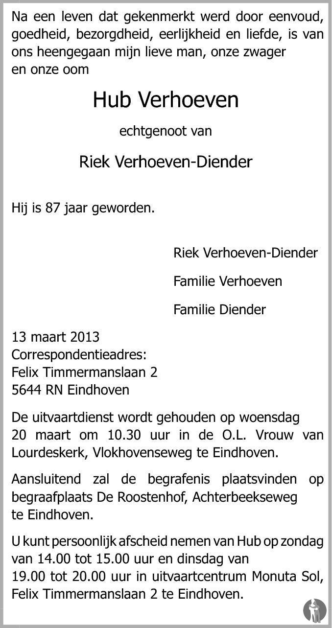 Hub Verhoeven 13-03-2013 overlijdensbericht en condoleances - Mensenlinq.nl