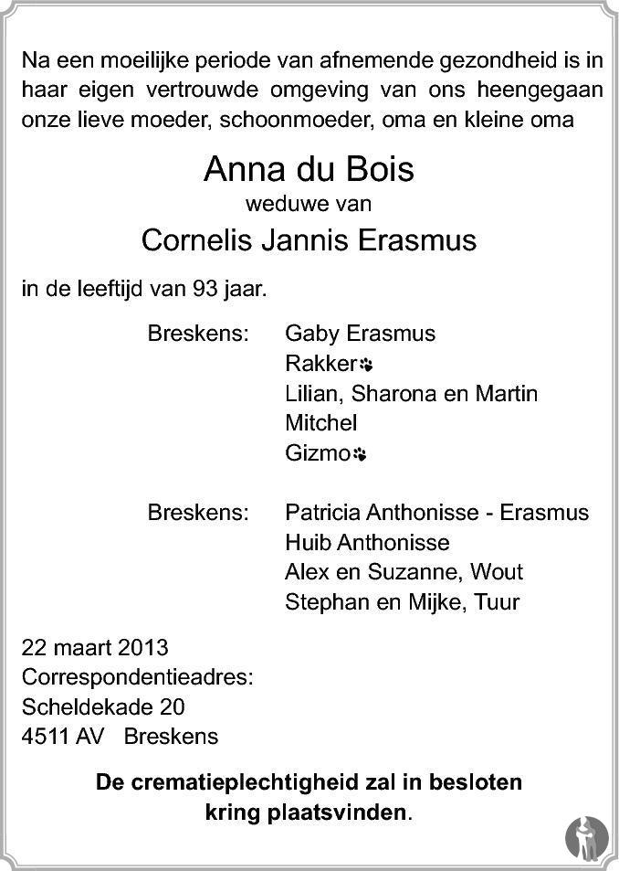 Anna Erasmus - du Bois 22-03-2013 overlijdensbericht en condoleances ...