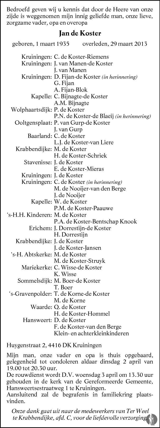 Jan de Koster 29-03-2013 overlijdensbericht en condoleances - Mensenlinq.nl