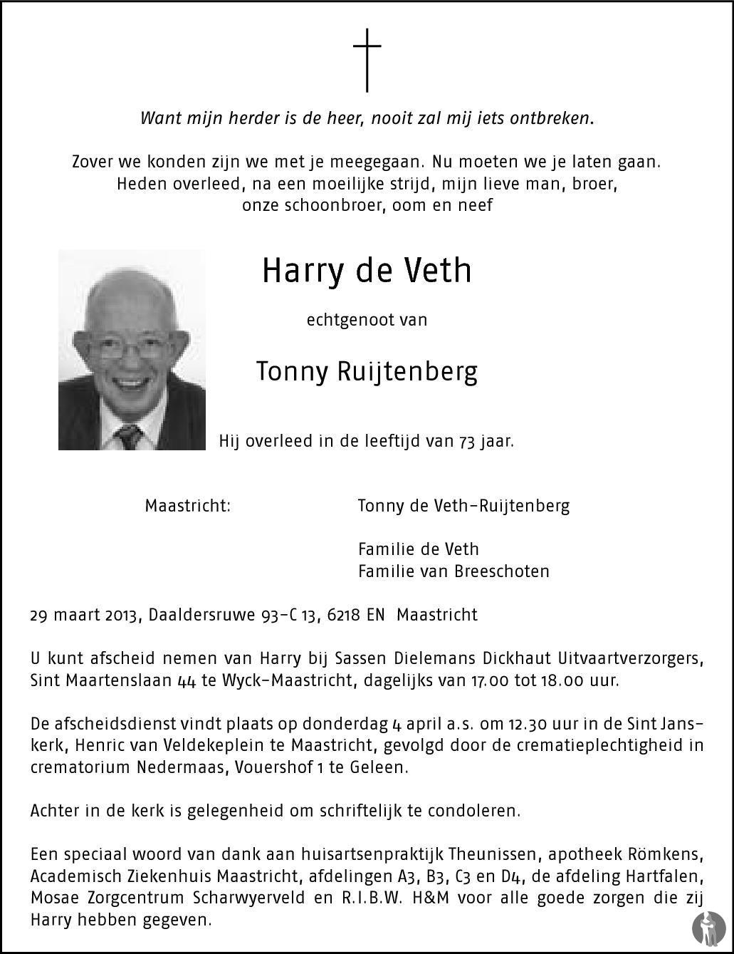 Harry de Veth 29-03-2013 overlijdensbericht en condoleances - Mensenlinq.nl