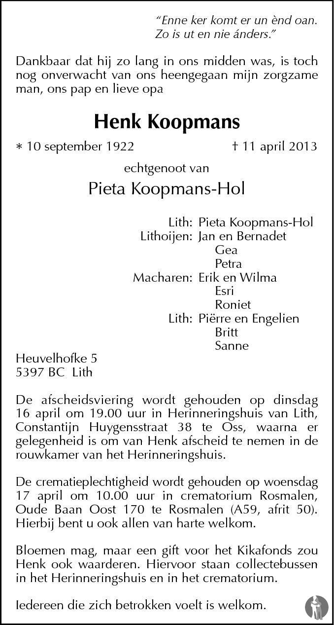 Henk Koopmans 11-04-2013 overlijdensbericht en condoleances - Mensenlinq.nl