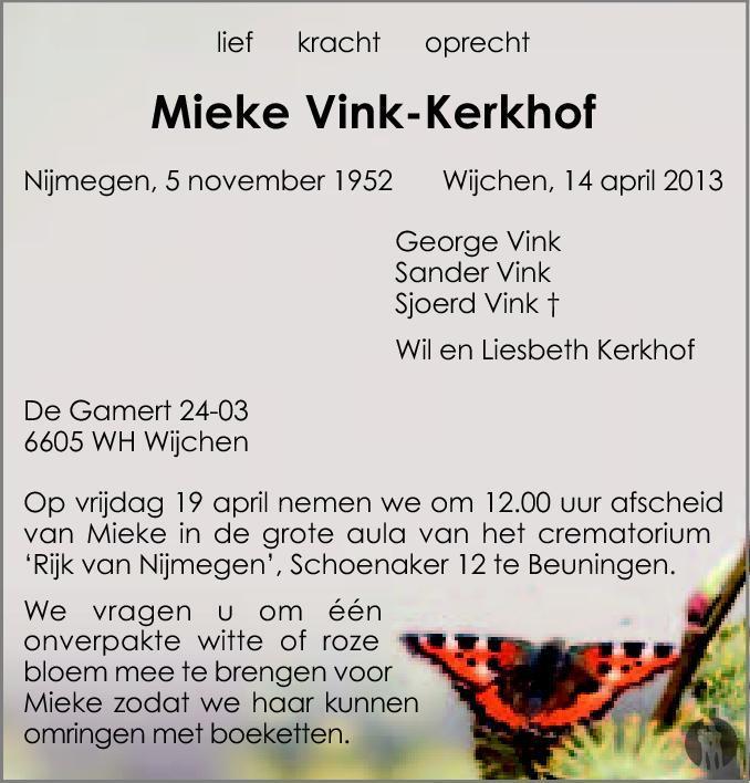 Mieke Vink - Kerkhof 14-04-2013 overlijdensbericht en condoleances ...