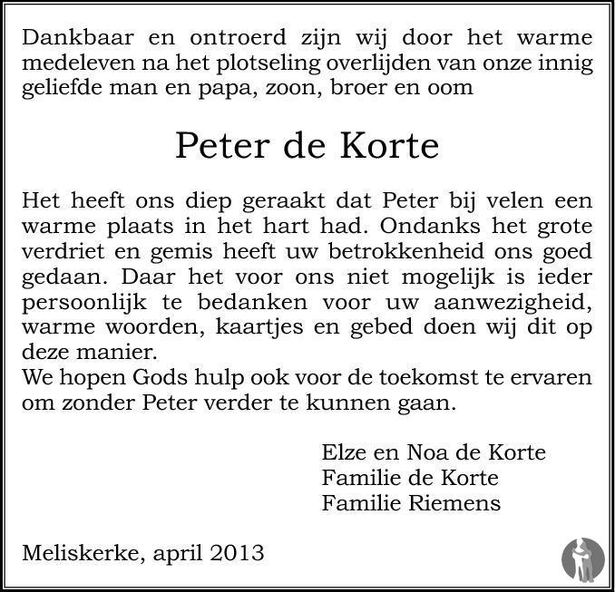 Pieter Andries (Peter) de Korte 05-03-2013 overlijdensbericht en ...