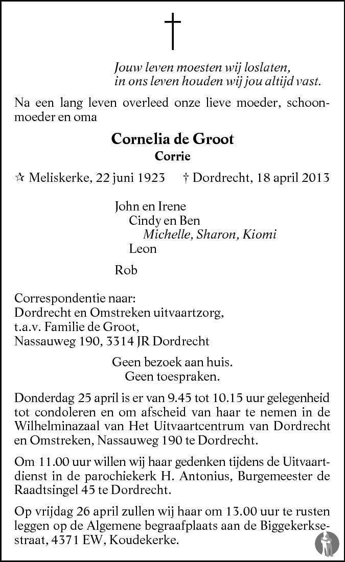 Cornelia (Corrie) de Groot 18-04-2013 overlijdensbericht en ...