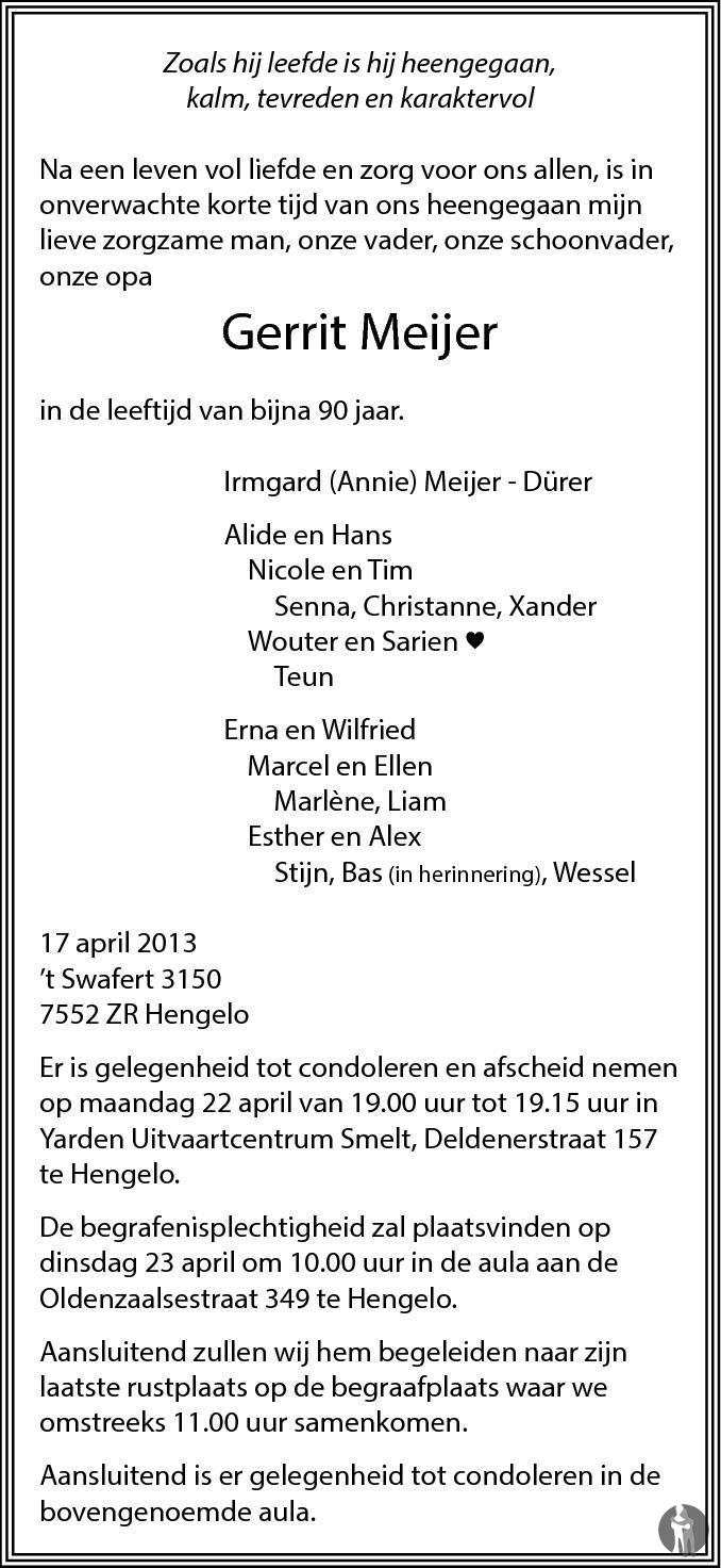 Gerrit Meijer 17-04-2013 overlijdensbericht en condoleances - Mensenlinq.nl