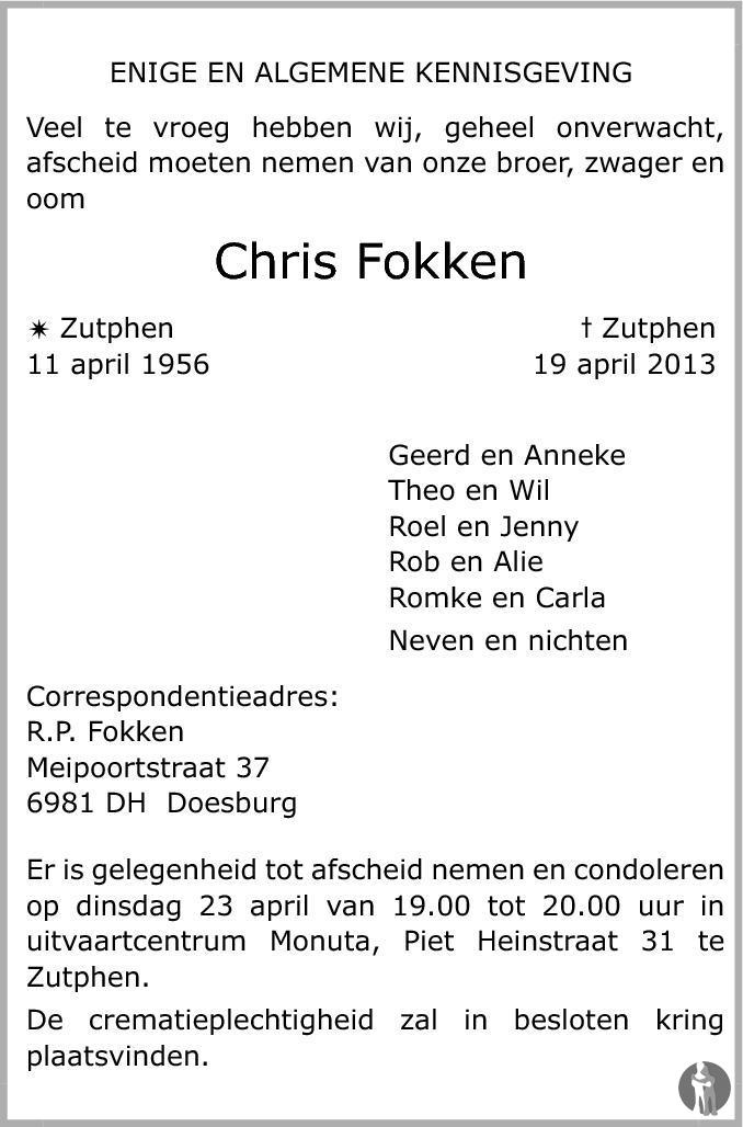 Chris Fokken 19-04-2013 overlijdensbericht en condoleances - Mensenlinq.nl