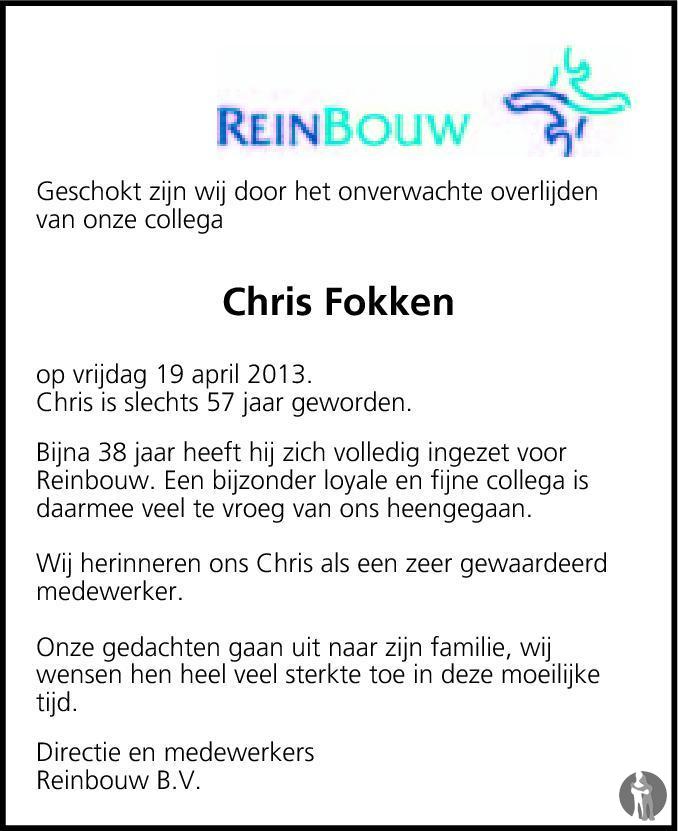 Chris Fokken 19-04-2013 overlijdensbericht en condoleances - Mensenlinq.nl