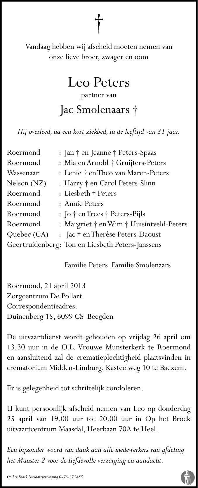 Leo Peters 21-04-2013 overlijdensbericht en condoleances - Mensenlinq.nl