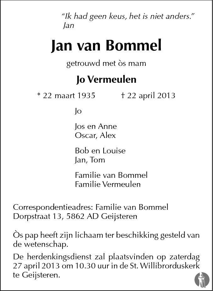 Jan van Bommel 22-04-2013 overlijdensbericht en condoleances ... Jan van Bommel 22-04-2013 overlijdensbericht en condoleances ...