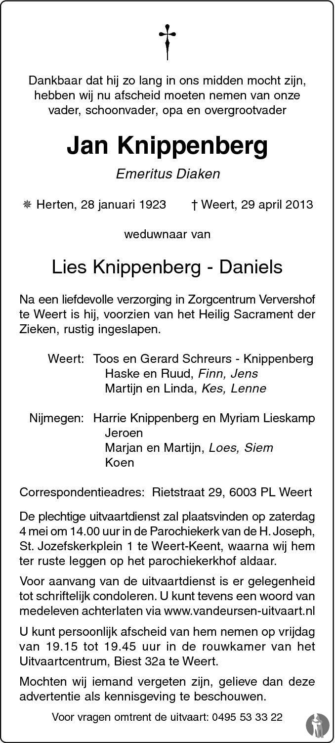 Jan Knippenberg 29-04-2013 overlijdensbericht en condoleances ...