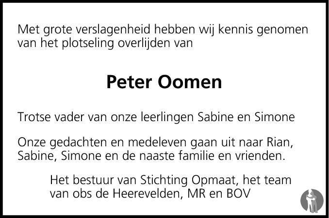 Peter Oomen 02-05-2013 overlijdensbericht en condoleances - Mensenlinq.nl