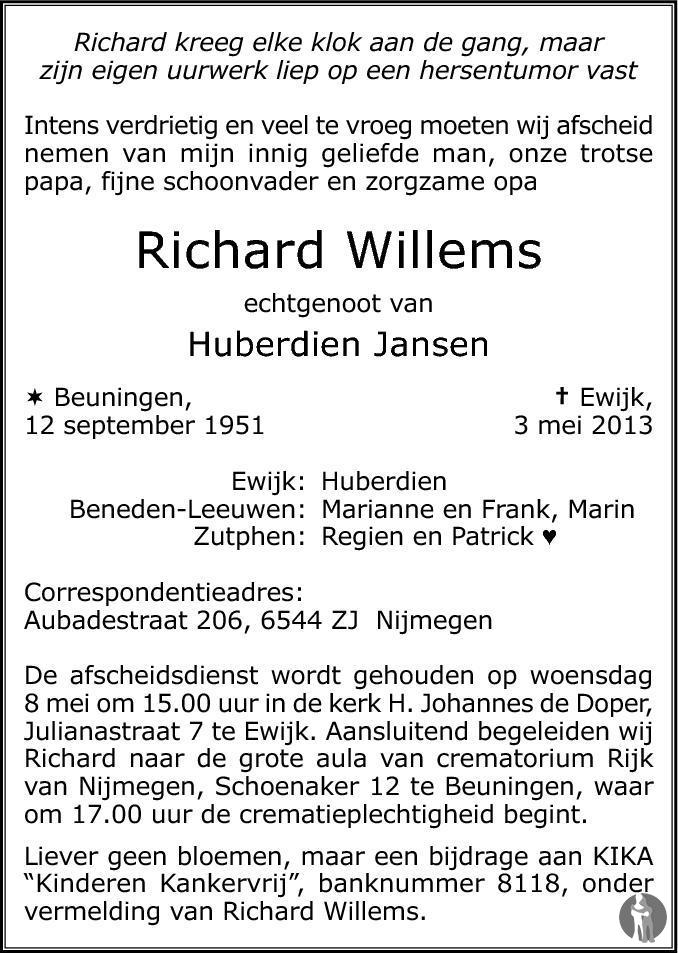Richard Willems 03-05-2013 overlijdensbericht en condoleances ...