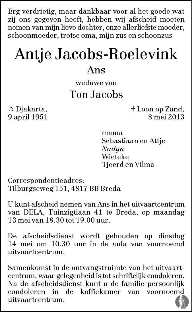 Antje (Ans) Jacobs - Roelevink 08-05-2013 overlijdensbericht en ...