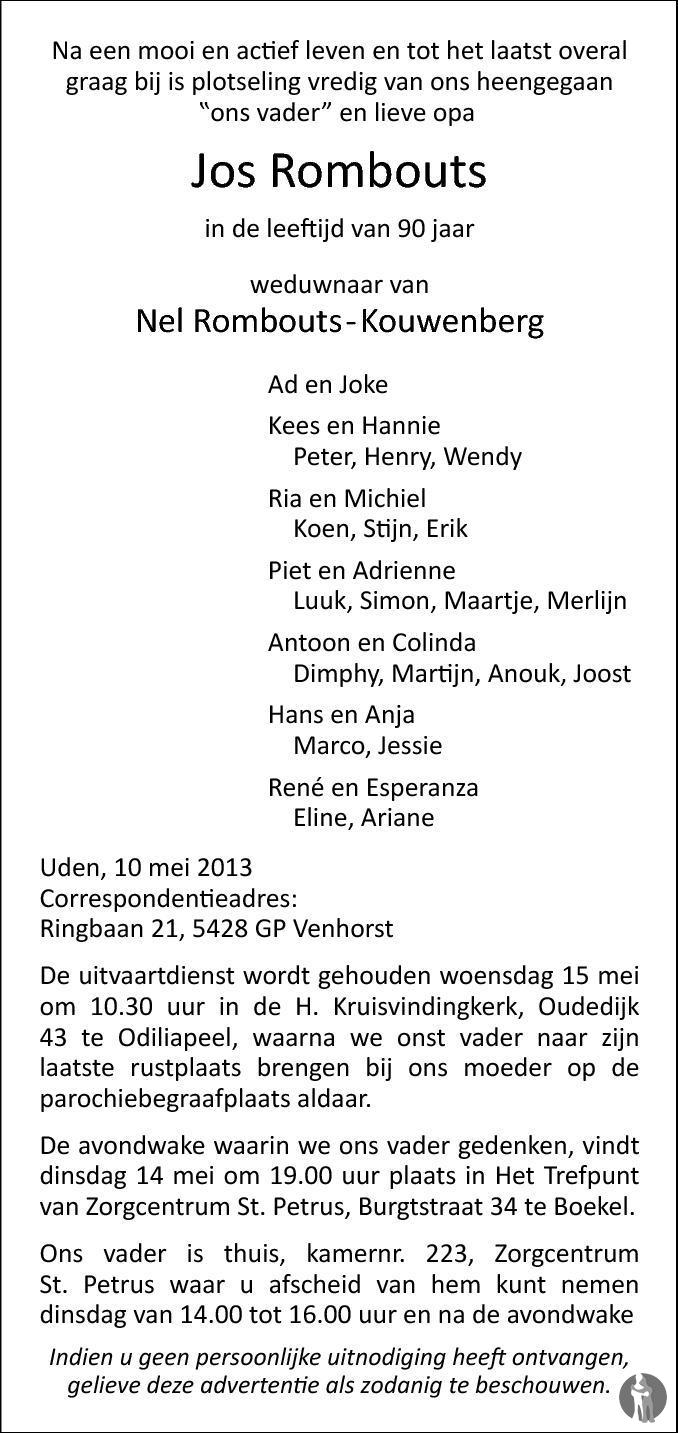 Jos Rombouts 10-05-2013 overlijdensbericht en condoleances - Mensenlinq.nl