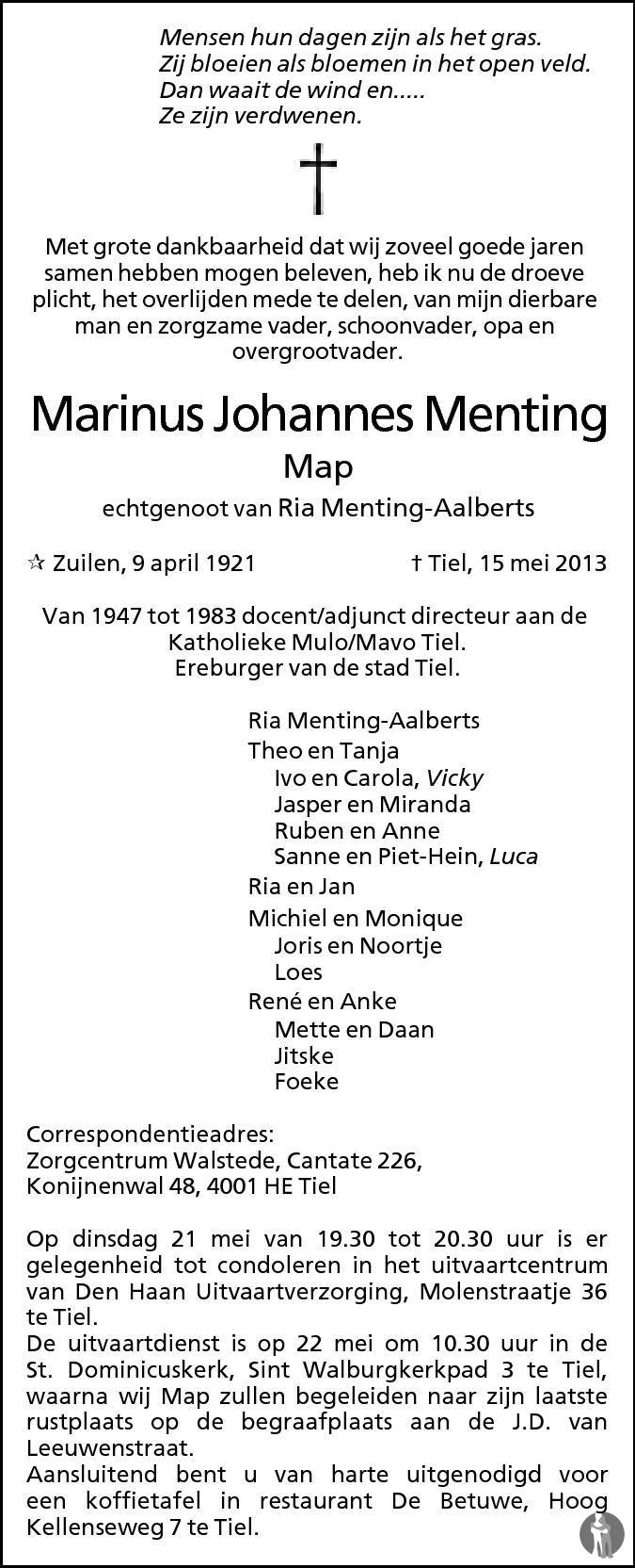 Marinus Johannes (Map) Menting 15-05-2013 overlijdensbericht en ...