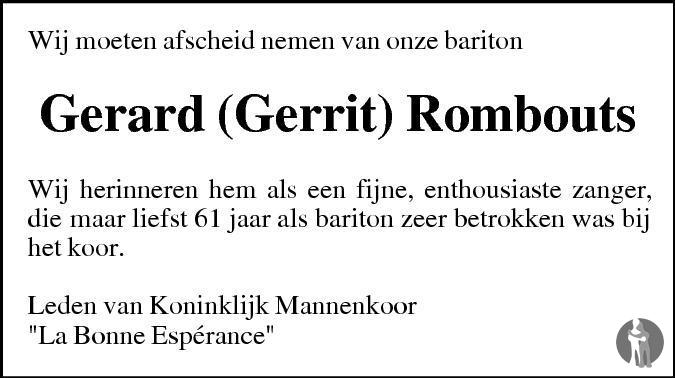 Gerardus Mattheus Maria (Gerard) Rombouts 24-05-2013 overlijdensbericht ...