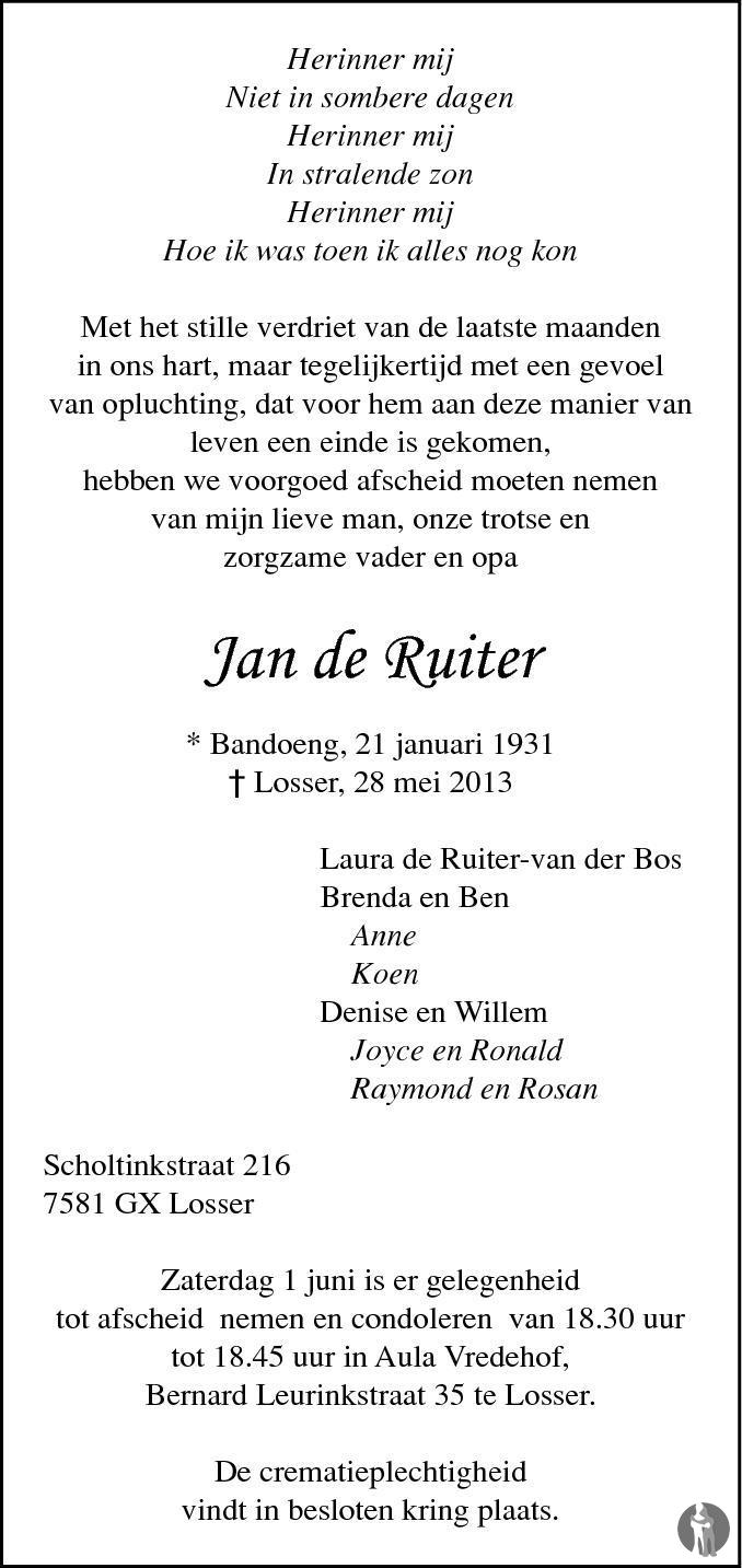 Jan de Ruiter 28-05-2013 overlijdensbericht en condoleances - Mensenlinq.nl