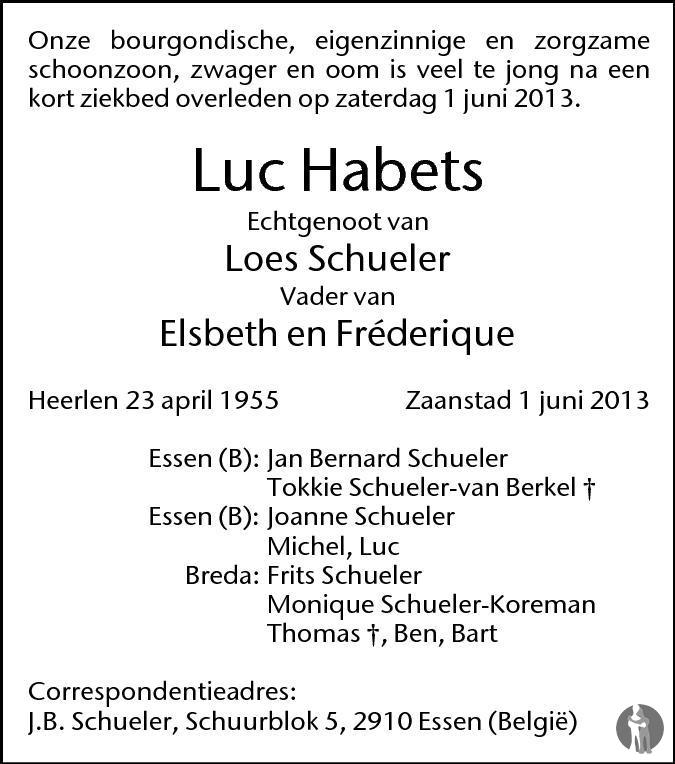 Luc Habets 01-06-2013 overlijdensbericht en condoleances - Mensenlinq.nl