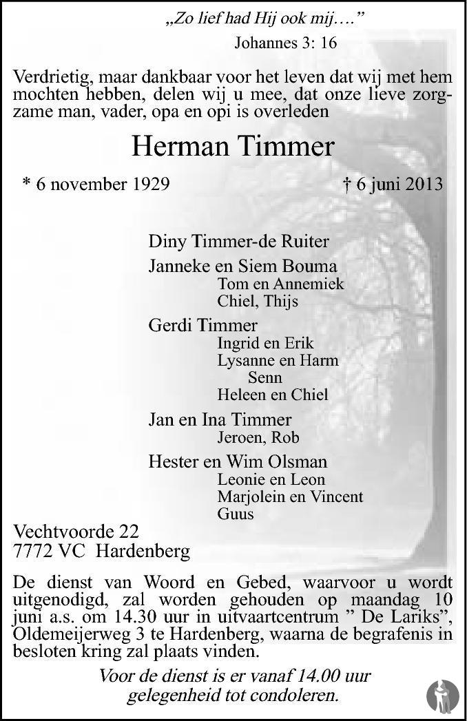 Herman Timmer 06-06-2013 overlijdensbericht en condoleances - Mensenlinq.nl