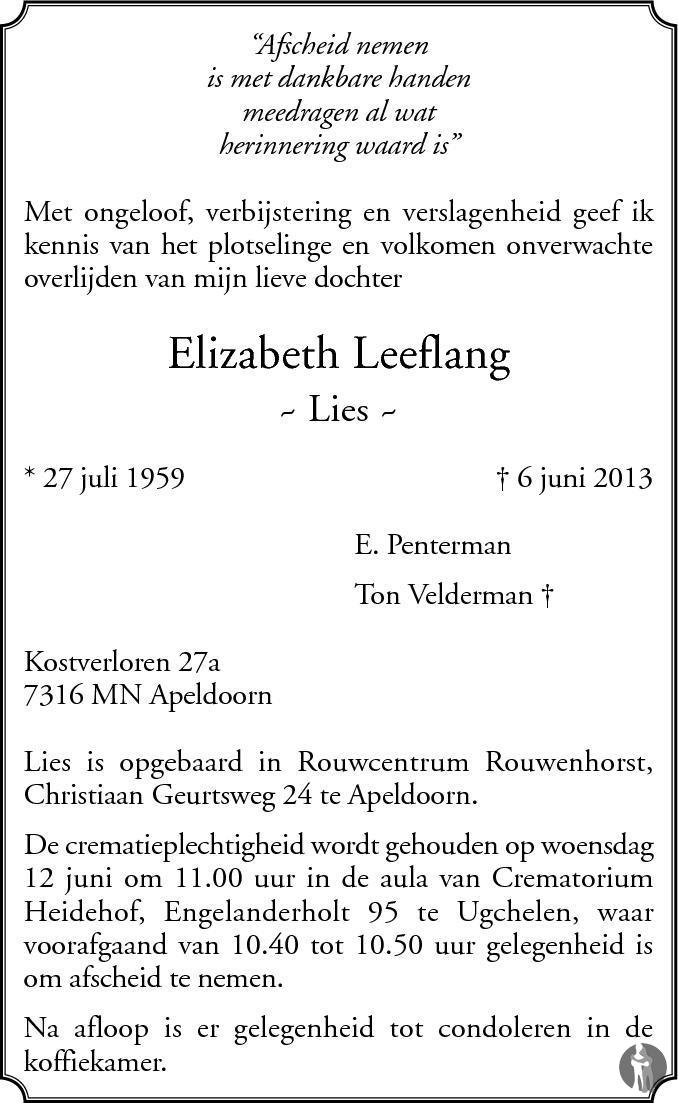 Elizabeth (Lies) Leeflang 06-06-2013 overlijdensbericht en condoleances ...