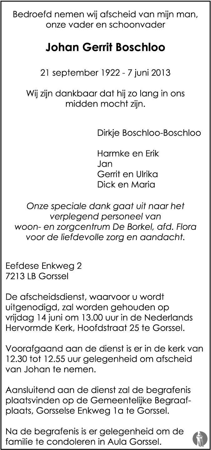 Johan Gerrit Boschloo 07-06-2013 overlijdensbericht en condoleances ...