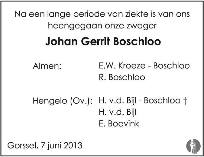 Johan Gerrit Boschloo 07-06-2013 overlijdensbericht en condoleances ...