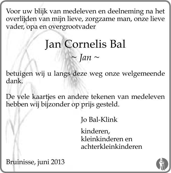 Jan Cornelis (Jan) Bal 02-05-2013 overlijdensbericht en condoleances ...