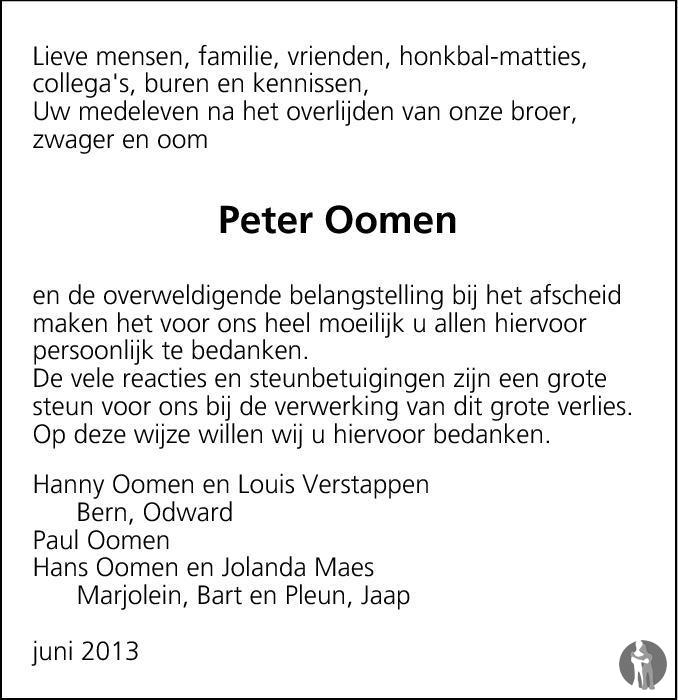 Peter Oomen 02-05-2013 overlijdensbericht en condoleances - Mensenlinq.nl