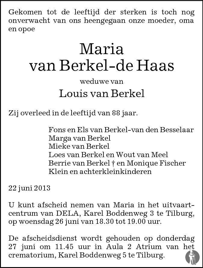 Maria van Berkel - de Haas 22-06-2013 overlijdensbericht en ...