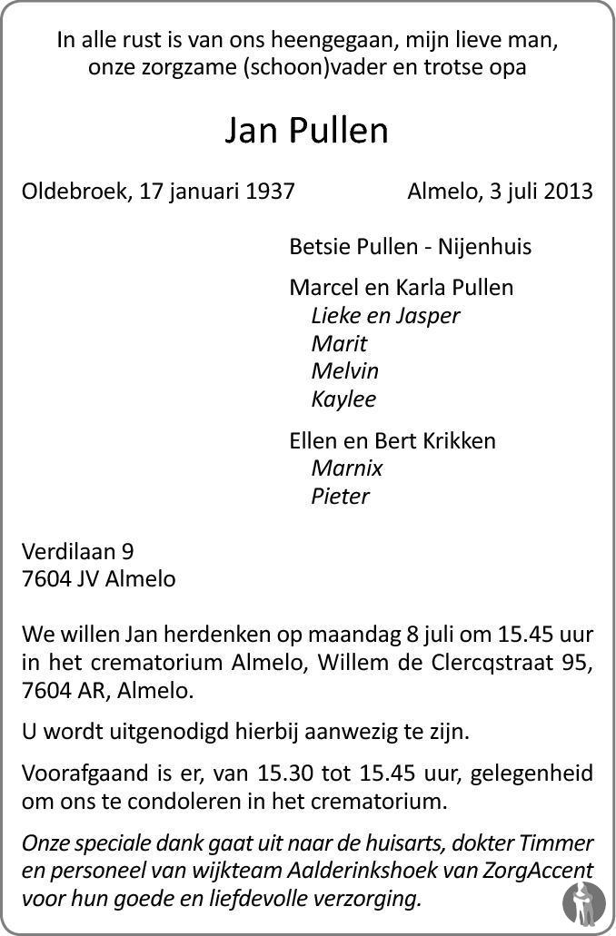 Jan Pullen 03-07-2013 overlijdensbericht en condoleances - Mensenlinq.nl
