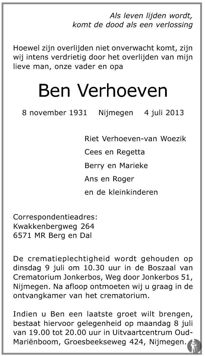 Ben Verhoeven 04-07-2013 overlijdensbericht en condoleances - Mensenlinq.nl