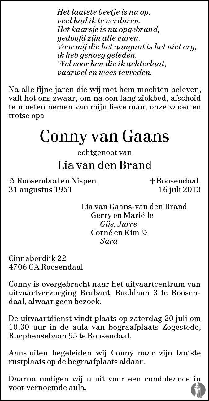 Conny van Gaans 16-07-2013 overlijdensbericht en condoleances ...