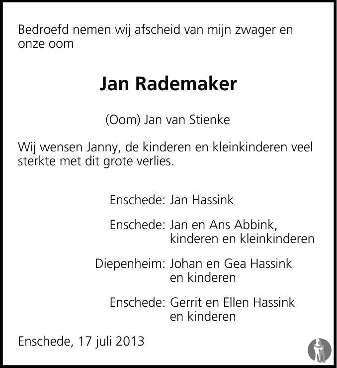 Jan Rademaker 17-07-2013 overlijdensbericht en condoleances - Mensenlinq.nl