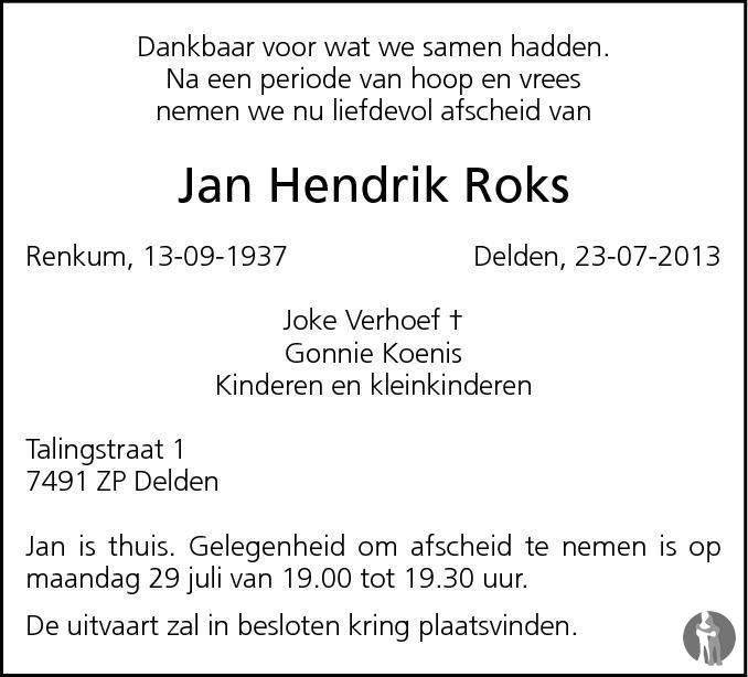 Jan Hendrik Roks 23-07-2013 overlijdensbericht en condoleances ...