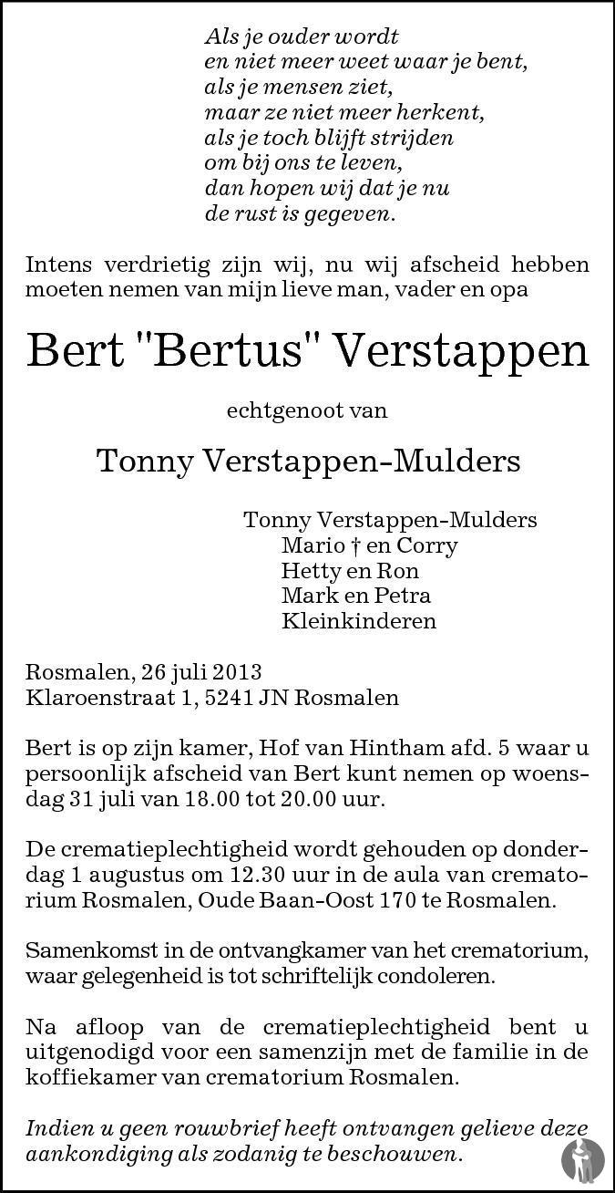 Bert (Bertus) Verstappen 26-07-2013 overlijdensbericht en condoleances ...