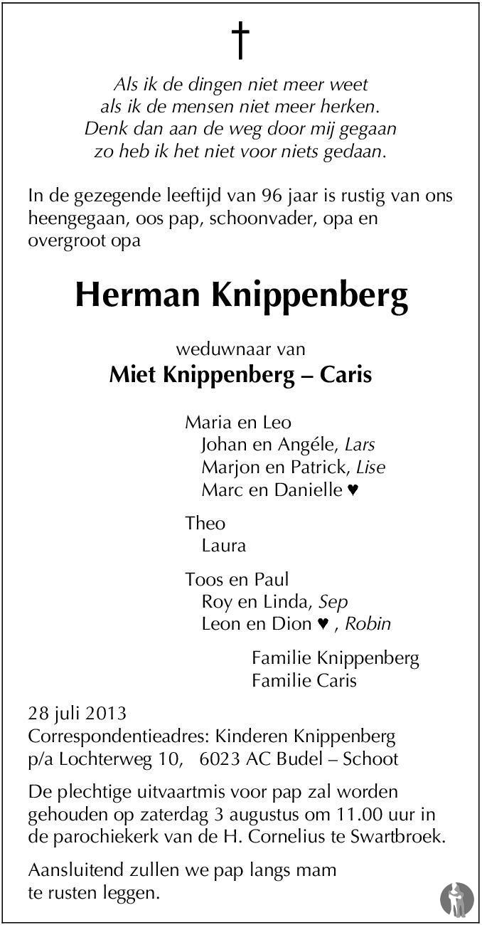 Herman Knippenberg 28-07-2013 overlijdensbericht en condoleances ...