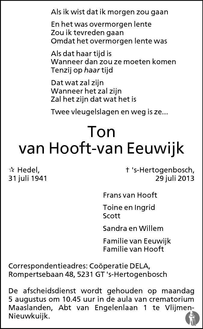 Ton van Hooft - van Eeuwijk 29-07-2013 overlijdensbericht en ...