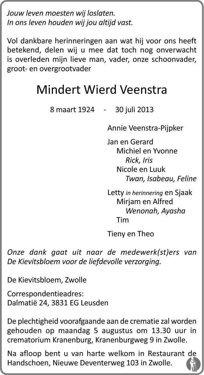 Mindert Wierd Veenstra 30-07-2013 overlijdensbericht en condoleances ...