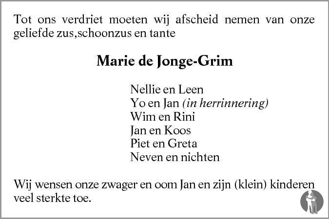 Marie de Jonge - Grim 13-08-2013 overlijdensbericht en condoleances ...