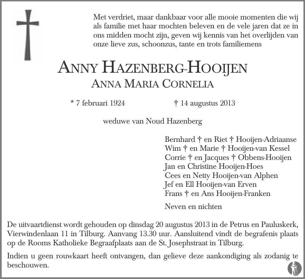 Anna Maria Cornelia (Anny) Hazenberg - Hooijen 14-08-2013 ...