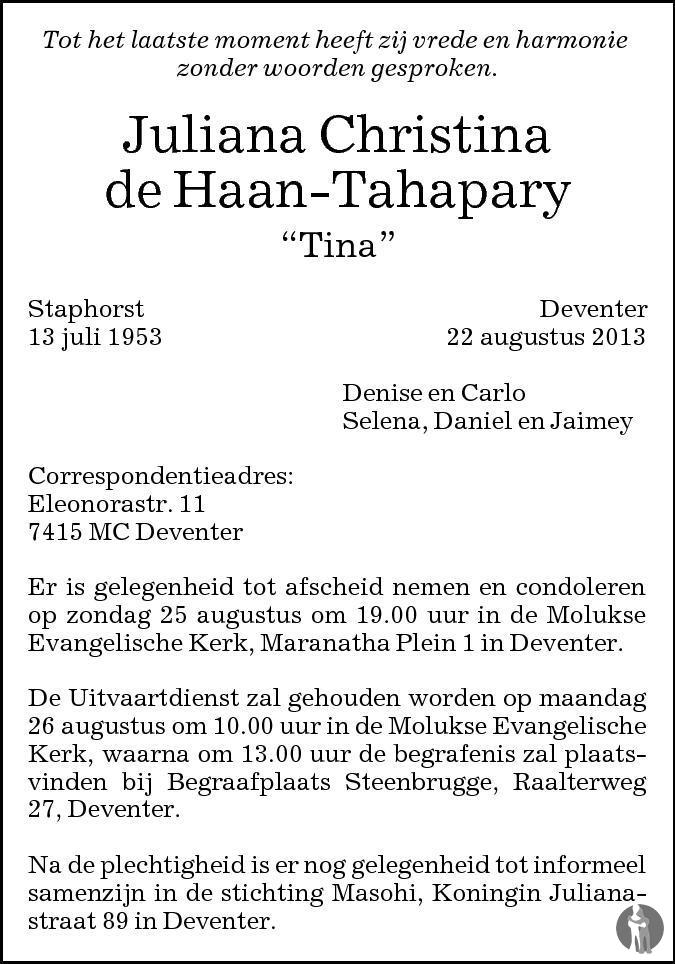Juliana Christina (Tina) de Haan - Tahapary 22-08-2013 ...
