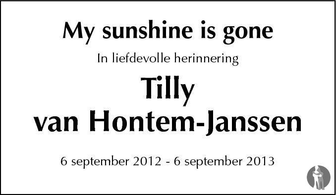 Tilly van Hontem - Janssen 06-09-2012 overlijdensbericht en ...