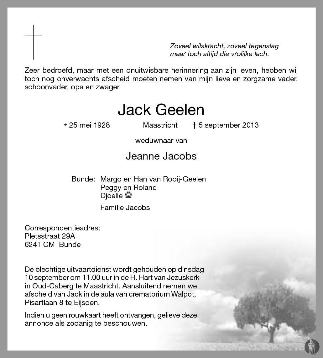 Jack Geelen 05-09-2013 overlijdensbericht en condoleances - Mensenlinq.nl