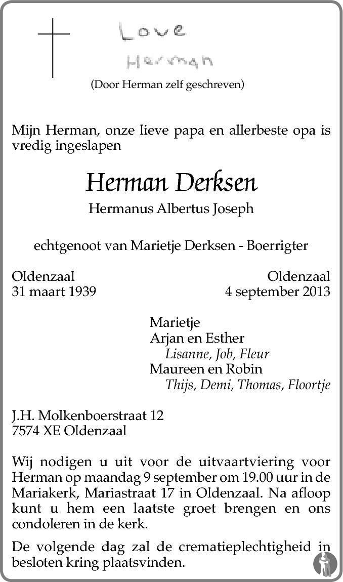 Hermanus Albertus Joseph (Herman) Derksen 04-09-2013 overlijdensbericht ...