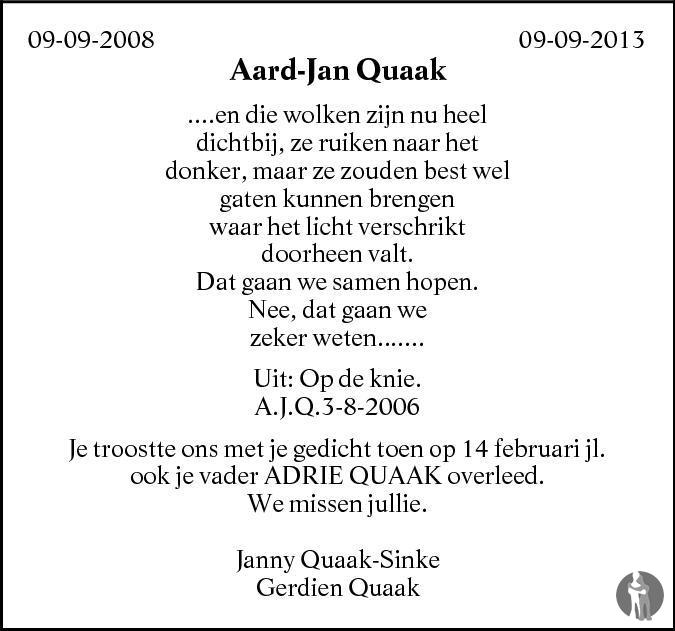 Adriaan Jan Isaäc (Aard-Jan) Quaak 09-09-2008 overlijdensbericht en ...